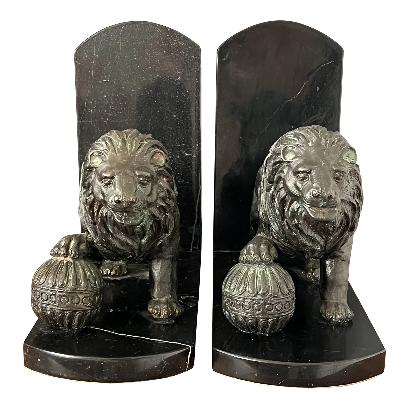 Pair of 1920s Extra Large Metal and Marble Lion Bookends | Chairish