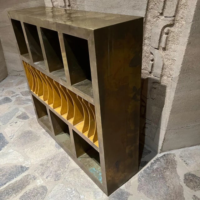 1980s Custom Sectioned Storage Case Rustic Wood Wrapped in Brass | Chairish