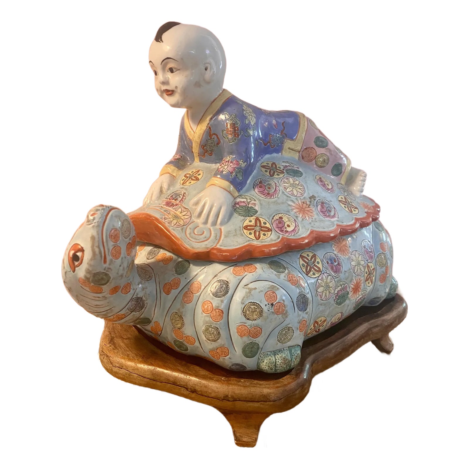 Mid 20th Century Famille Rose Porcelain Boy Riding Turtle Box on Stand ...