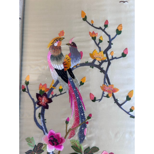 Vintage Embroidered Chinoise Silk Bird in Gold Bamboo Frame | Chairish