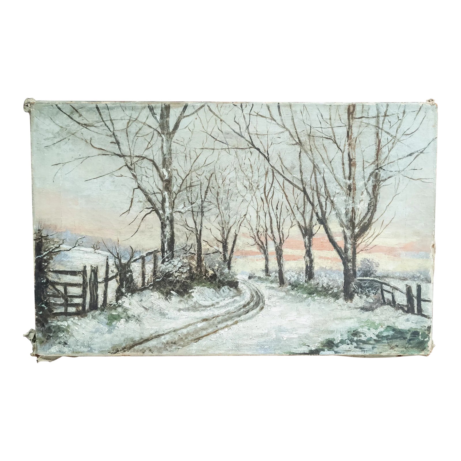 19th Century American Rustic Oil on Canvas Winter Landscape Painting ...