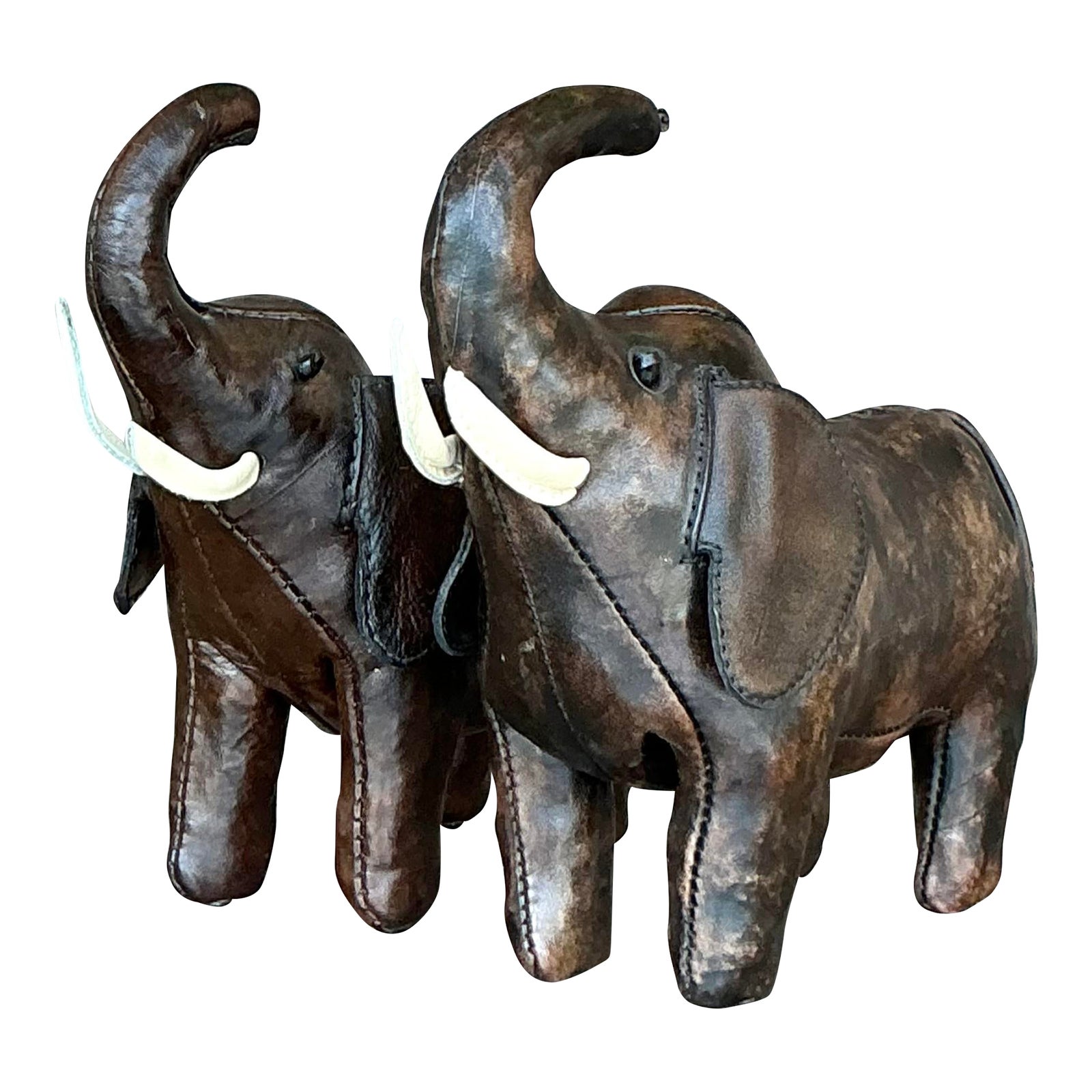 Vintage Boho Dimuntive Leather Elephants After Omersa - Set of 2 | Chairish
