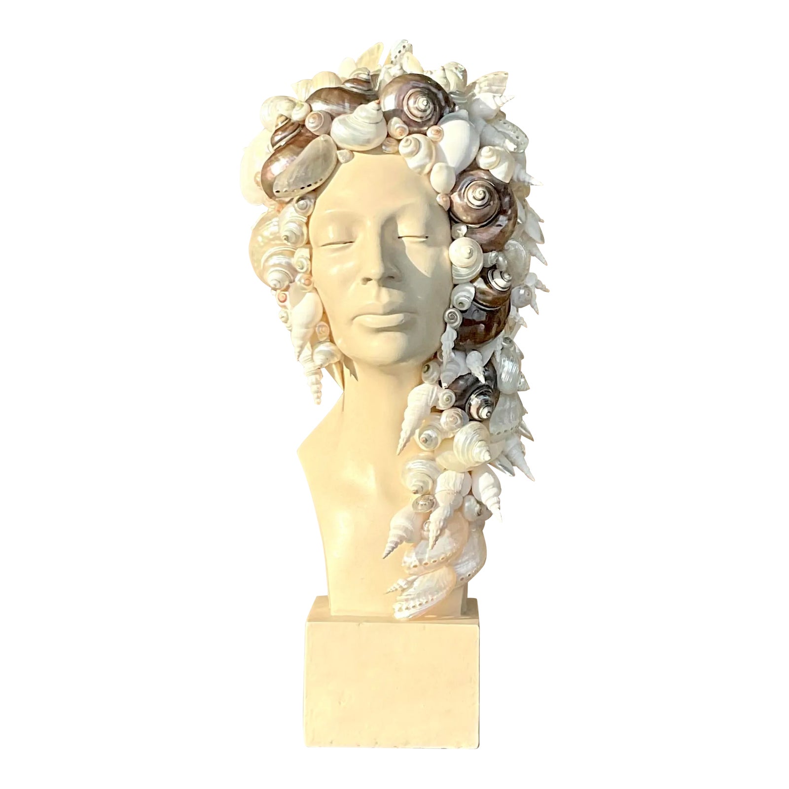 Vintage Coastal Plaster Shell Bust of Woman | Chairish