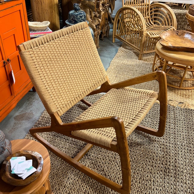 Boho Chic Teak and Natural Rope Rocking Chair | Chairish