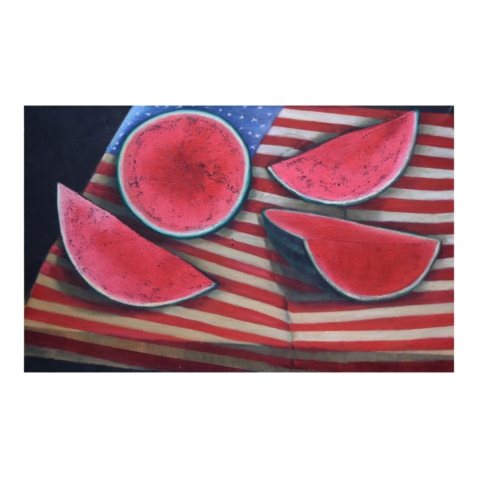 Vintage Patriotic Modernist Summer Still Life Painting With Watermelons and American Flag | Chairish