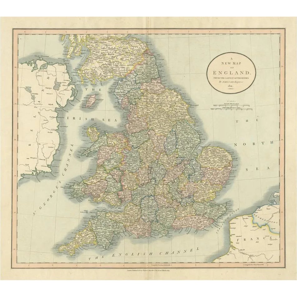Large Antique Hand-Colored Map of England by Counties, 1821 | Chairish