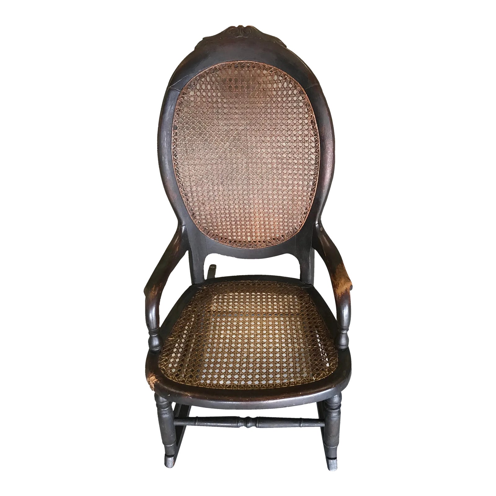 Antique Early 1900 Victorian Walnut Caned Rocker | Chairish