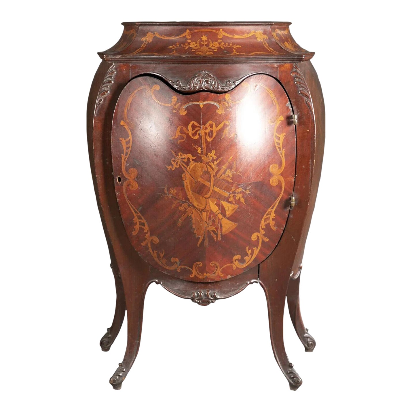 20th C. Vintage Music Marquetry Inlaid Chevron Bombe Cabinet | Chairish