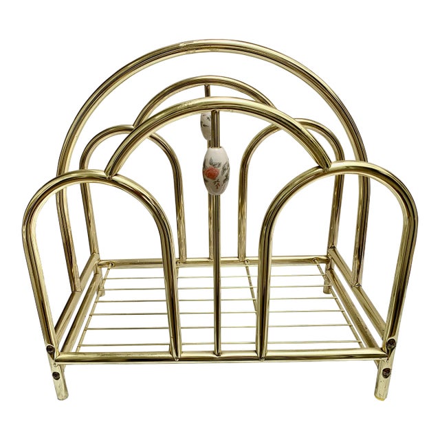 Vintage 1970s Brass and Enamel Magazine or Wood Vessel Rack | Chairish