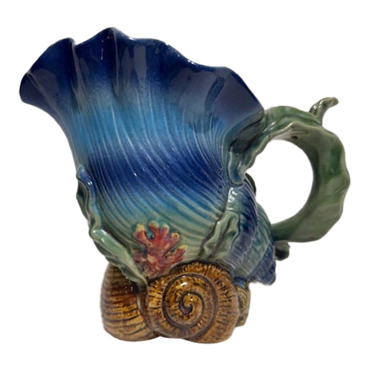 Vintage French Style Majolica Shell Pitcher Marked 7847 | Chairish