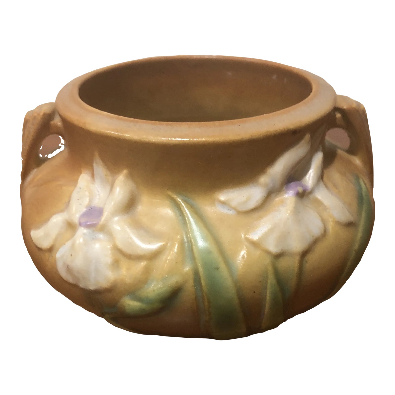 Antique Roseville Iris Art Pottery Brown Jardiniere Small Vase | Chairish