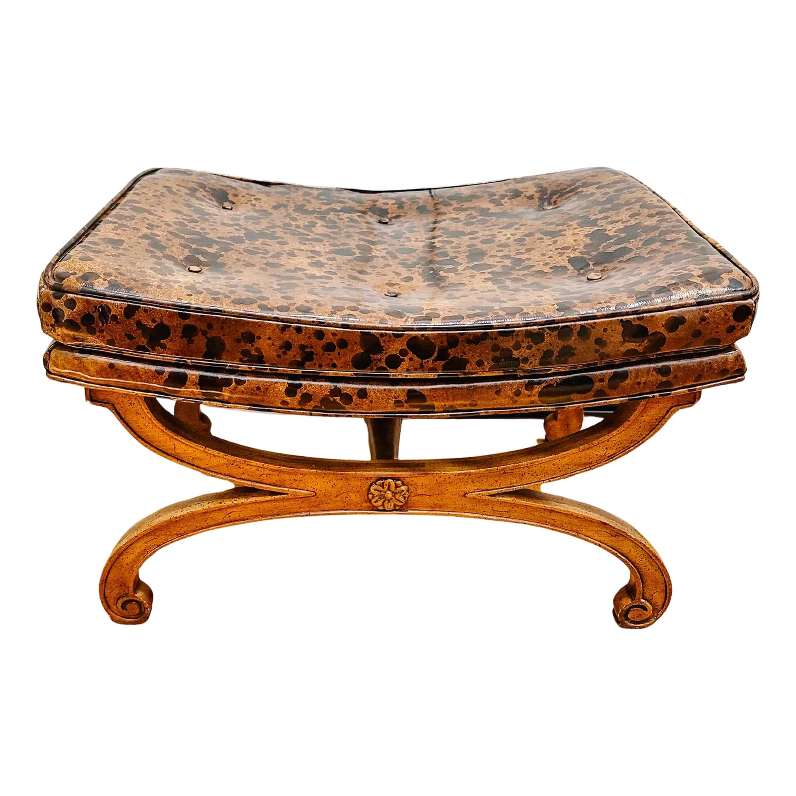 Mid 20th Century Curule Bench With Tufted Faux Tortoise Shell Vinyl ...