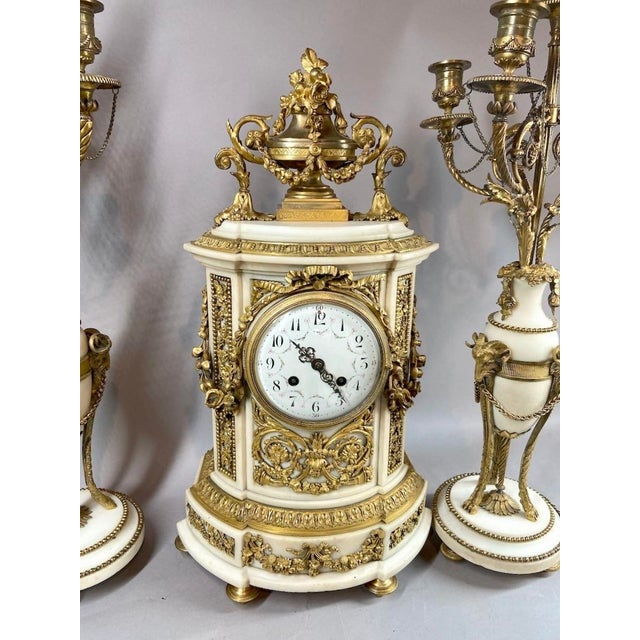 French Louis XVI Marble and Bronze Chimney Clock Set, Mid-19th Century ...