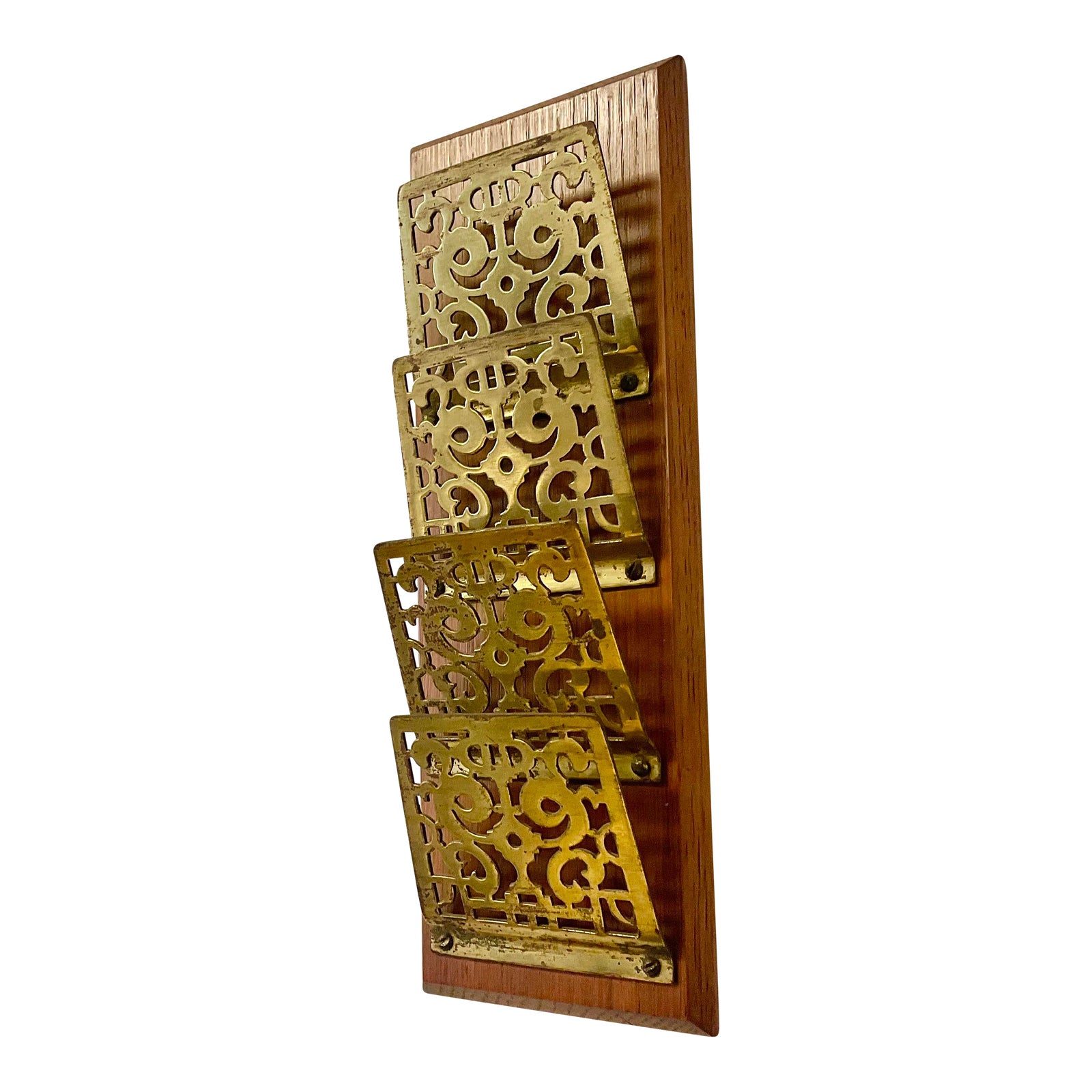 Mid-Century Boho Chic Brass & Oak Wall Mounted Letter Holder | Chairish