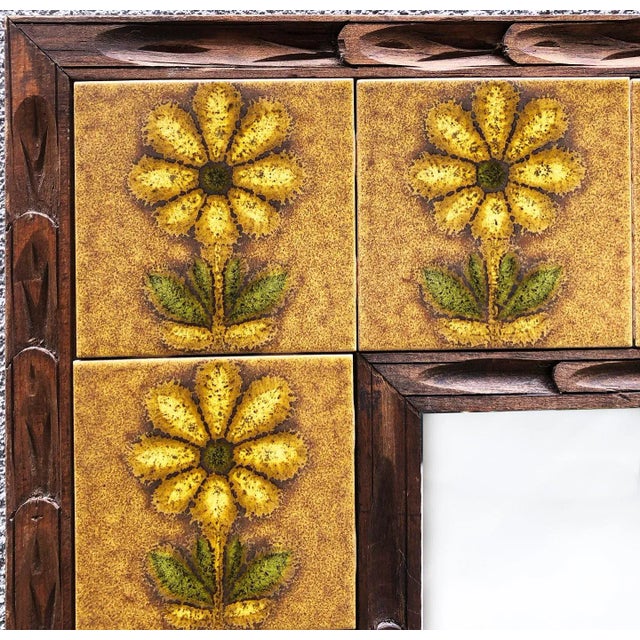 Vintage Spanish Style Mirror With Carved Wood and Ceramic Tile Frame | Chairish