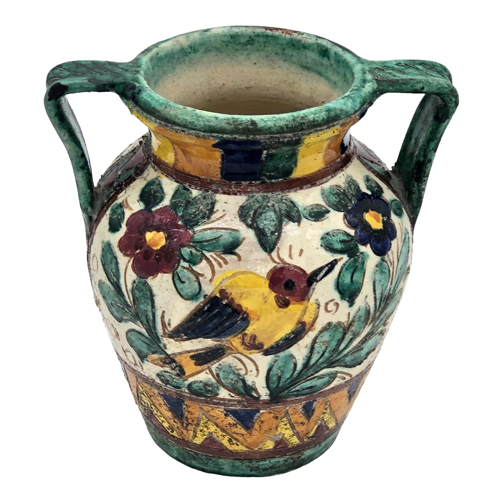 Majolica Italy Tin Glazed Urn/Vase Art Pottery With Handles | Chairish