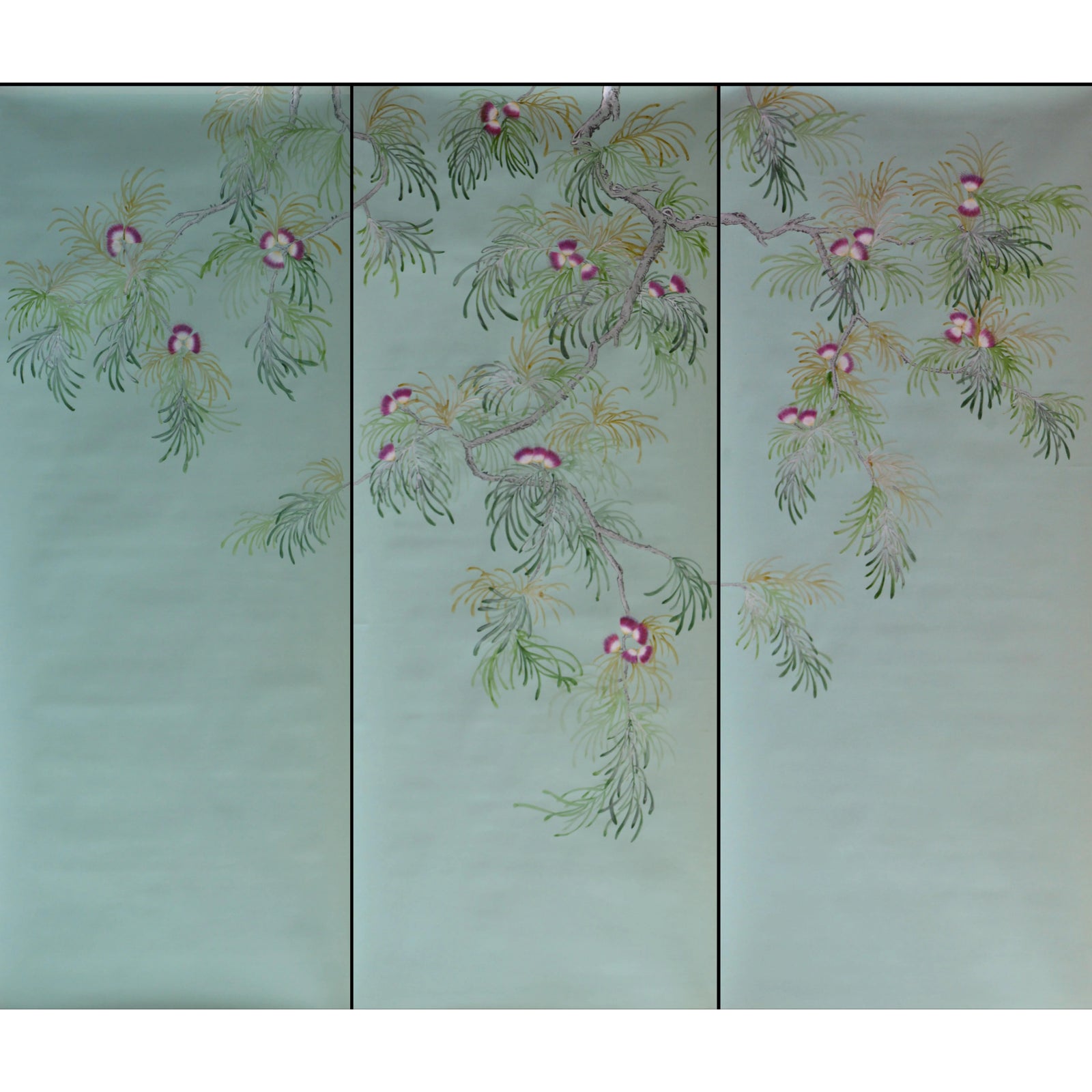 Silk Tree Hand Painted Wallpaper Mural on Green Silk Panel - 3 Panels ...