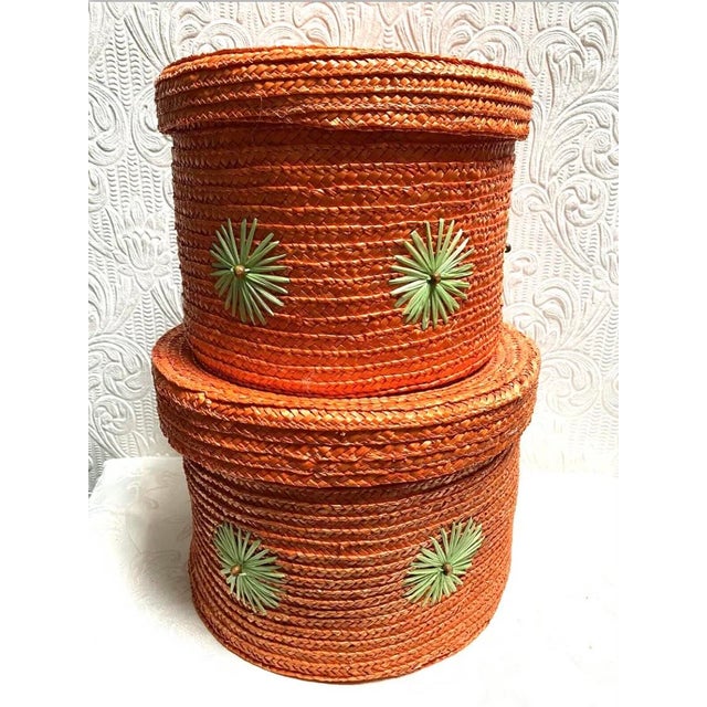 1960s Mid Century Set of 2 Woven Basketweave Embroidered Orange Hat ...