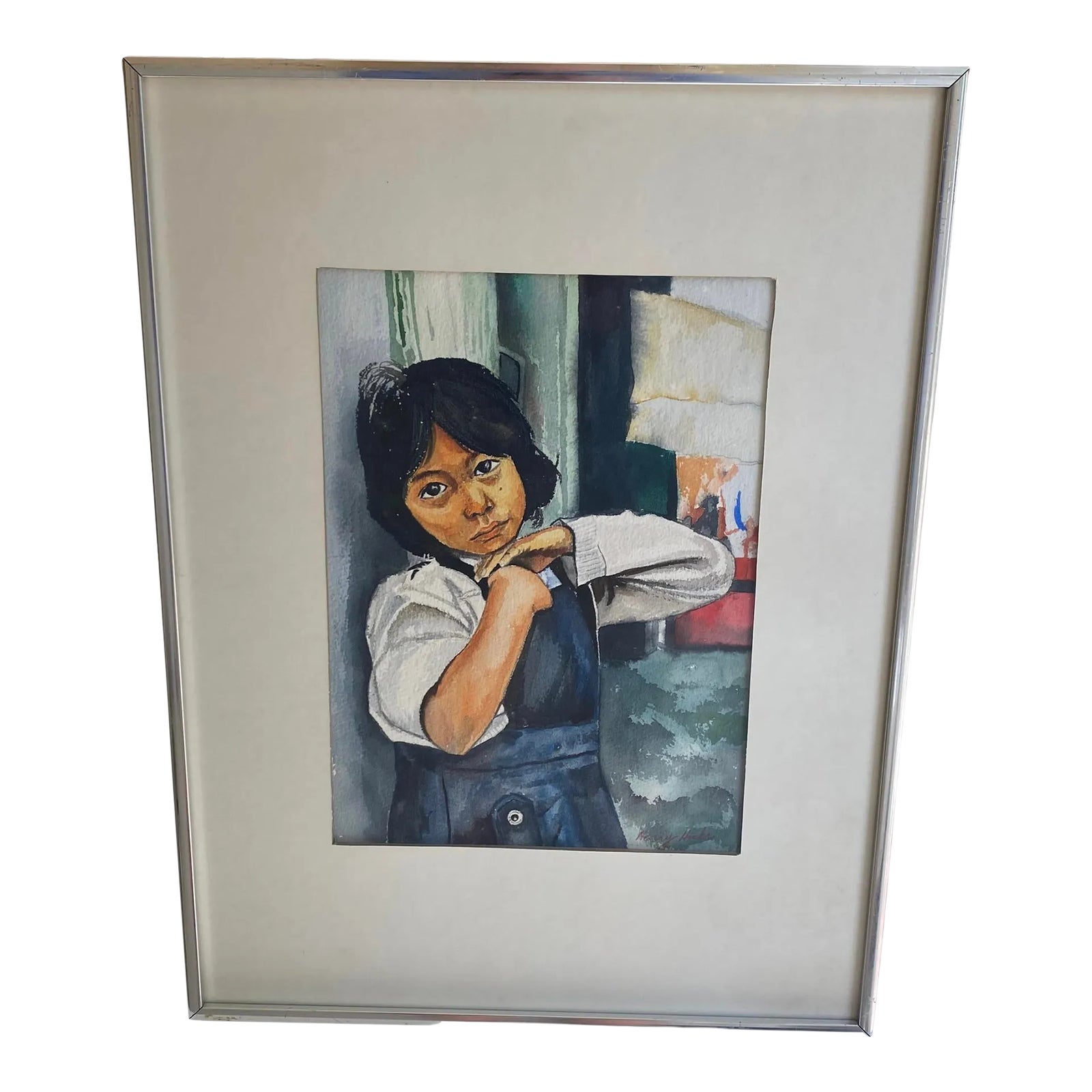 Mid 20th Century Framed Watercolor “Portrait of a Native American Girl ...
