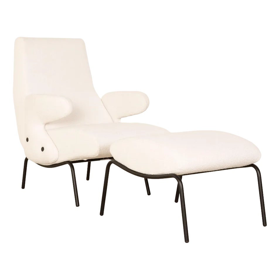 Set of White Fabric Arflex Armchair with Stool from Delfino | Chairish