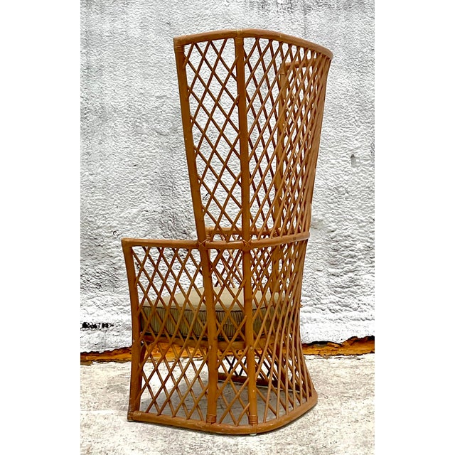 Vintage Coastal Trellis Rattan Wingback Chair | Chairish