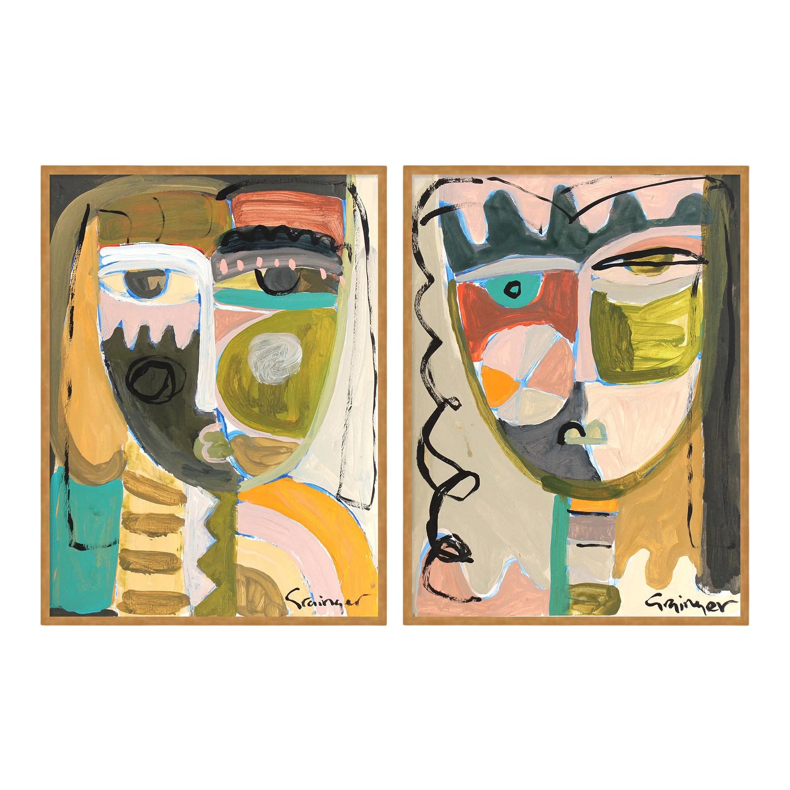 Olivia Jane & Ava Diptych by Lesley Grainger in Gold Frame, Medium Art ...