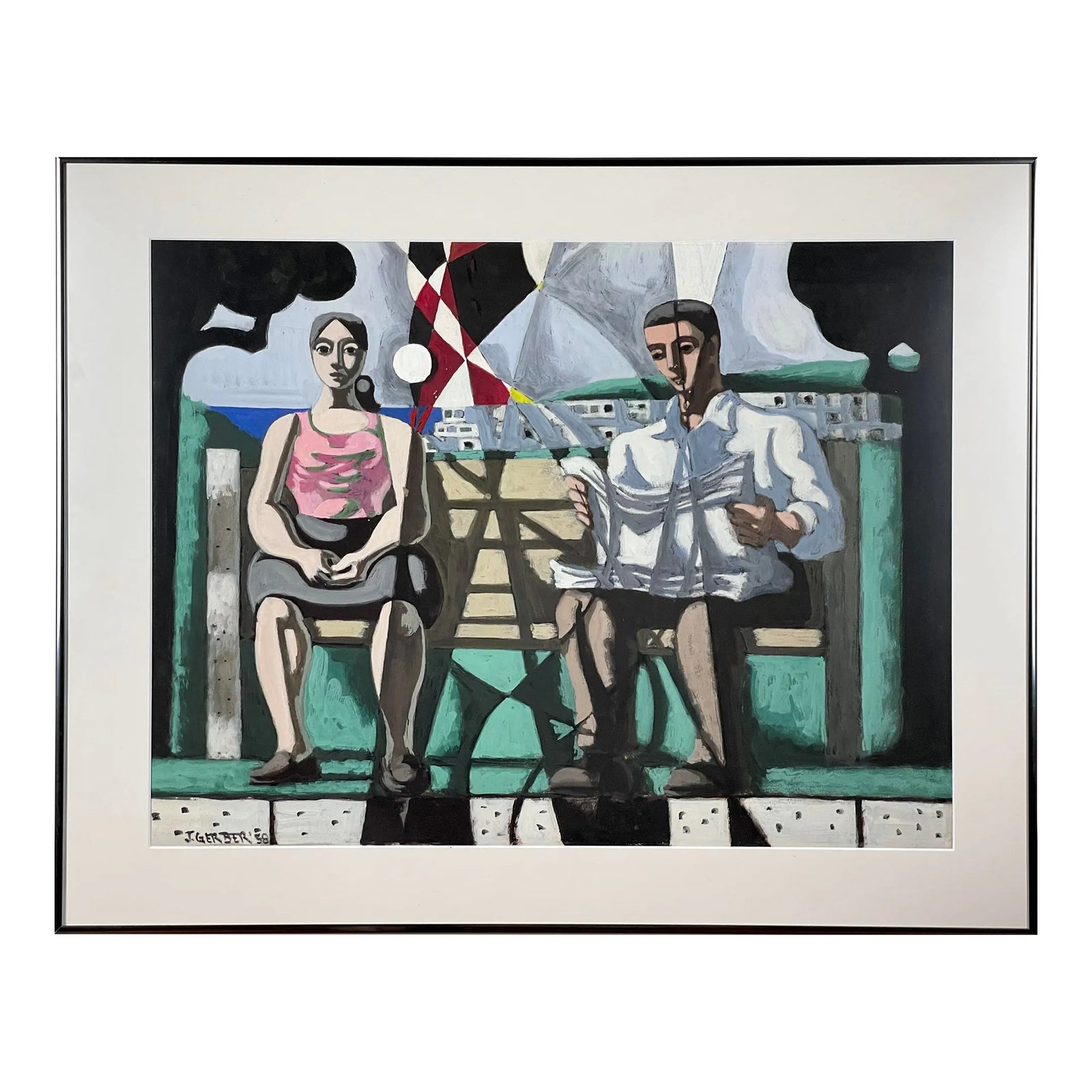Jack Gerber (1927-2021) - Modernist Couple on Bench, Signed (1958, Oil ...