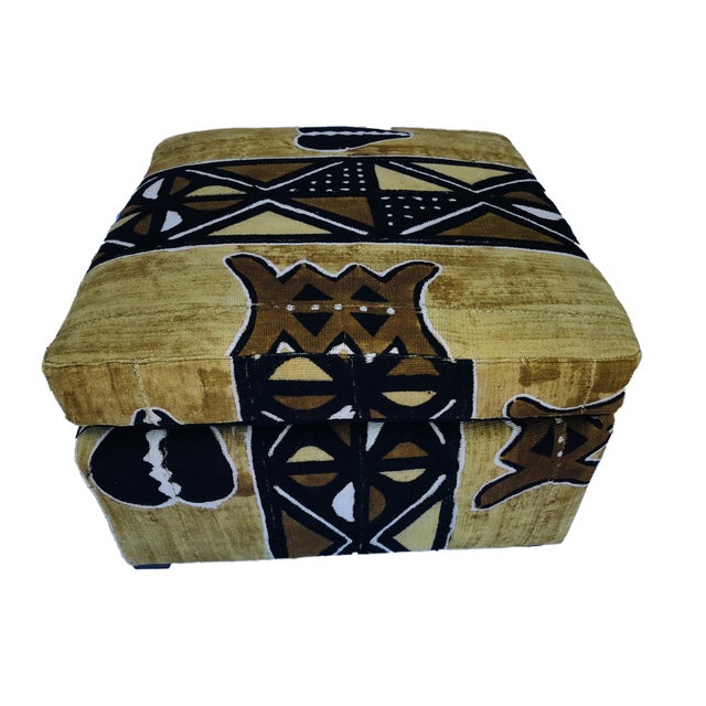 Custom Made Ottoman with Brown/Mustard/Black/White Mud Cloth | Chairish