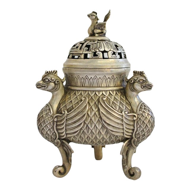 Silver Bronze Censer Incense Burner With Pheasants | Chairish