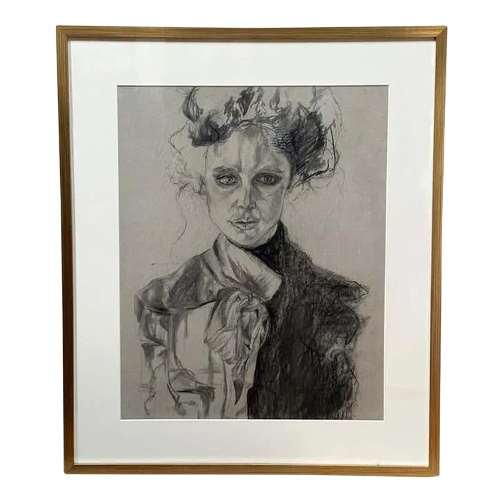 Charcoal Portrait Drawing of a Woman in Period Outfit | Chairish