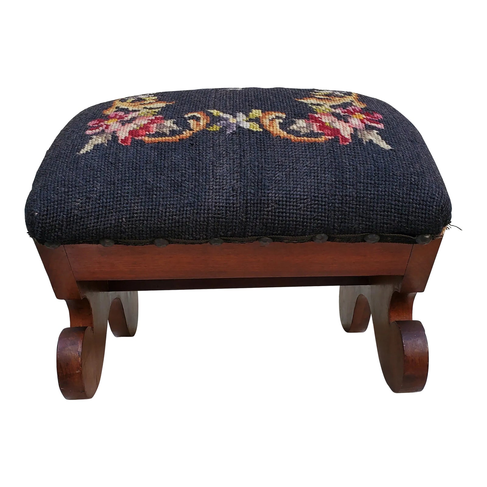 Mid 20th Century Small Antique Needlepoint Footstool | Chairish