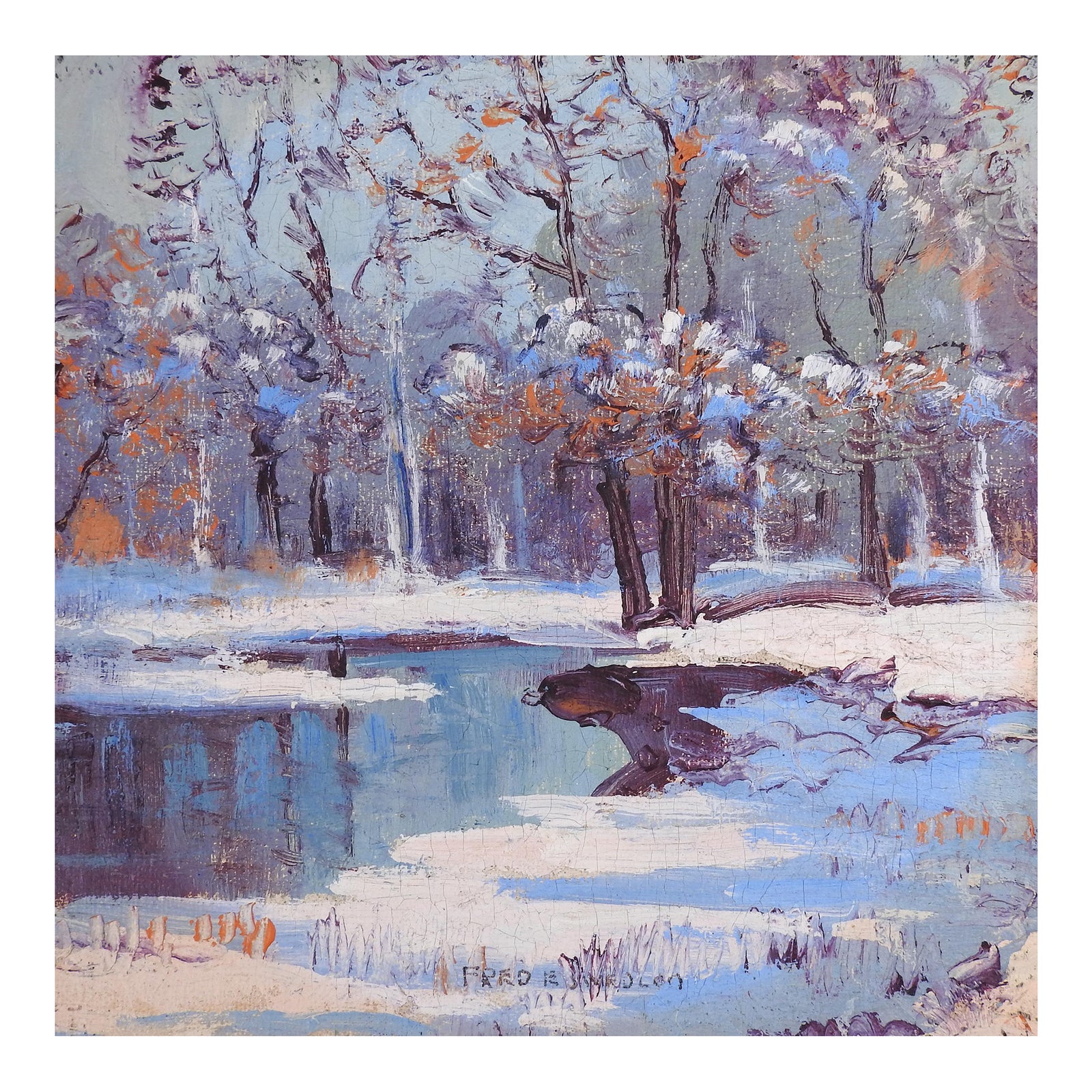 Vintage Impressionist Snowy Winter River Landscape Painting | Chairish