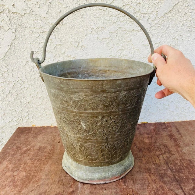 Early 1900s Asian Indian Antique Hammered Brass Bucket | Chairish