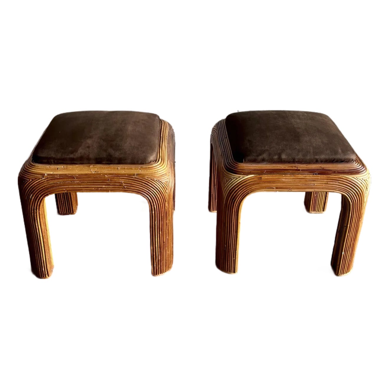 Vintage 1970s Pencil Reed Waterfall Stools or Ottomans, Pair | Chairish