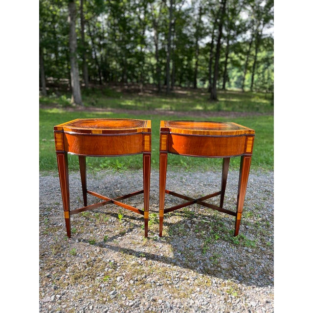 Leather Top Inlaid Mahogany Side Tables by Weiman Heirloom | Chairish