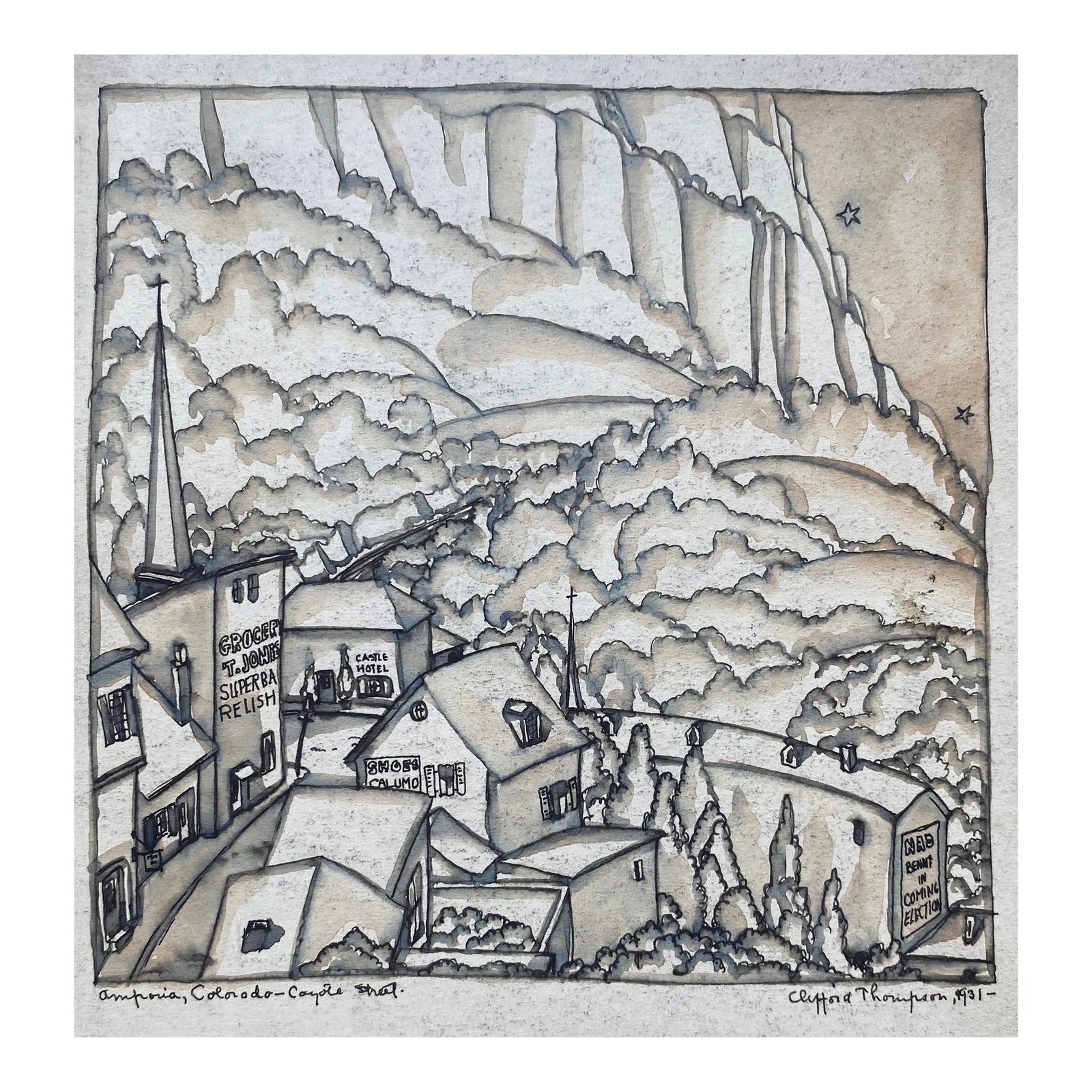 1931 Clifford Thompson Mountain Town Painting | Chairish