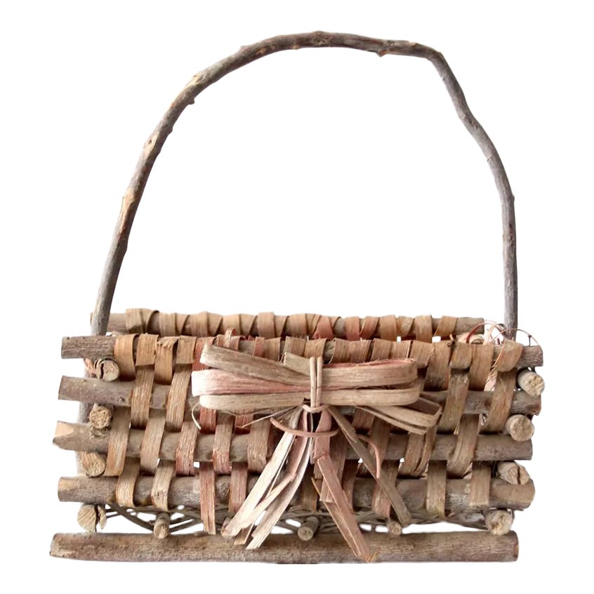 Vintage Adirondack Style Twig Basket With Bow | Chairish