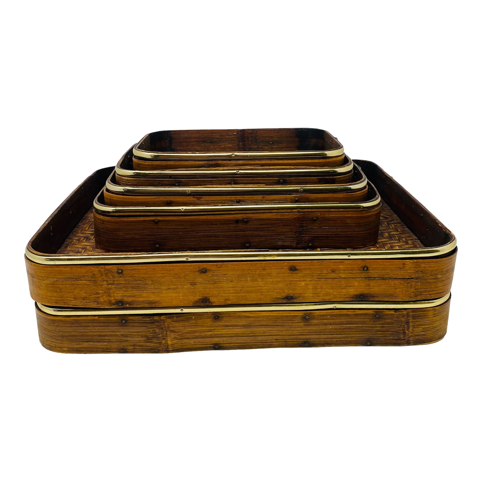 Vintage Handmade Bamboo & Woven Wicker Nesting Trays With Gold Edges a ...