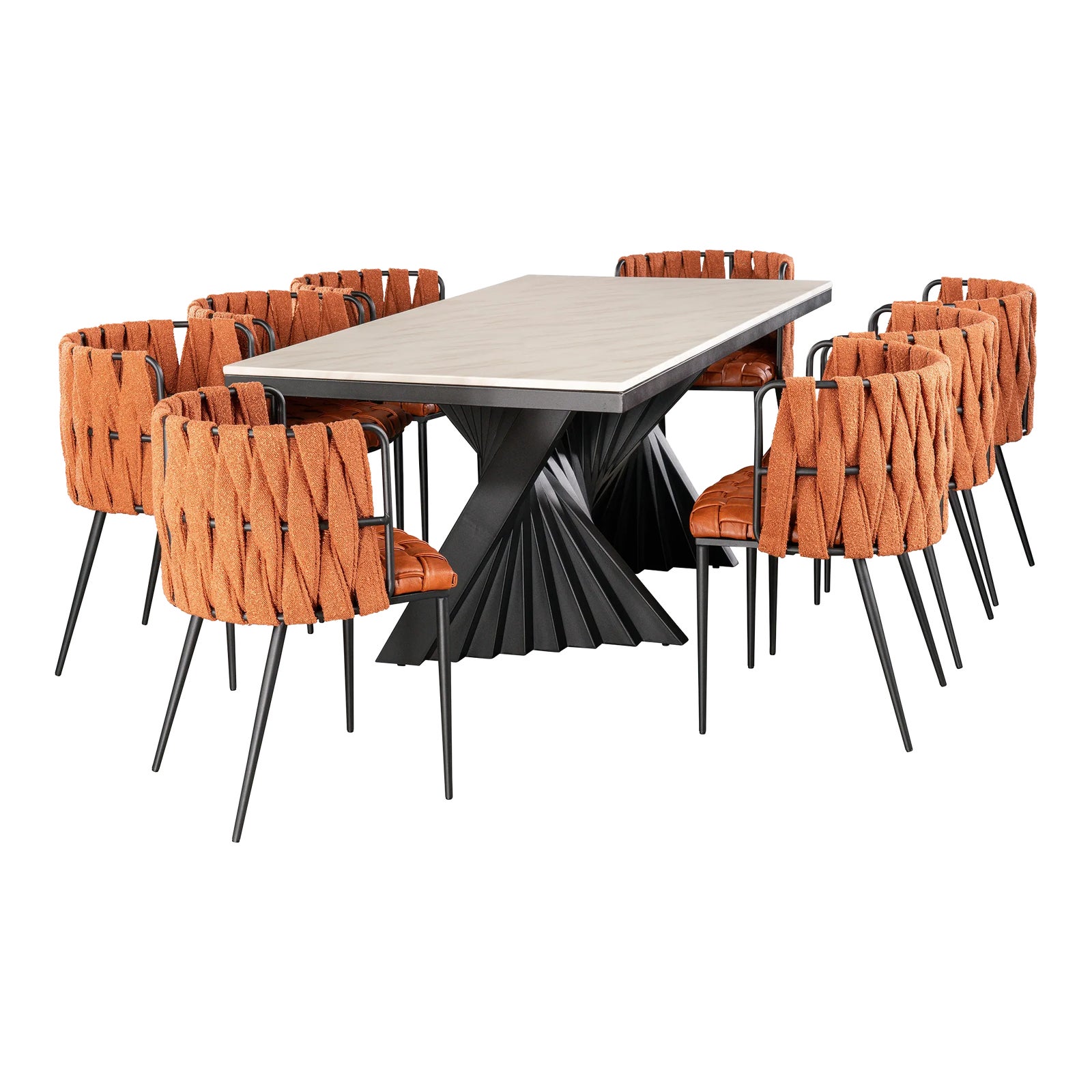 Marble Top Waterfall Dining Set with Orange Chairs - Set of 9 | Chairish