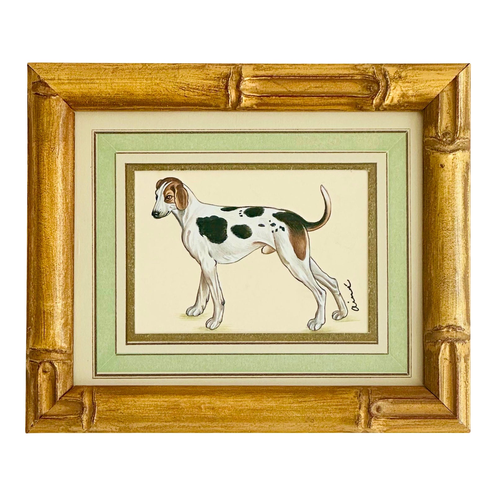 Hand-Painted French Hound Dog Painting in a Vintage Mat. Framed | Chairish