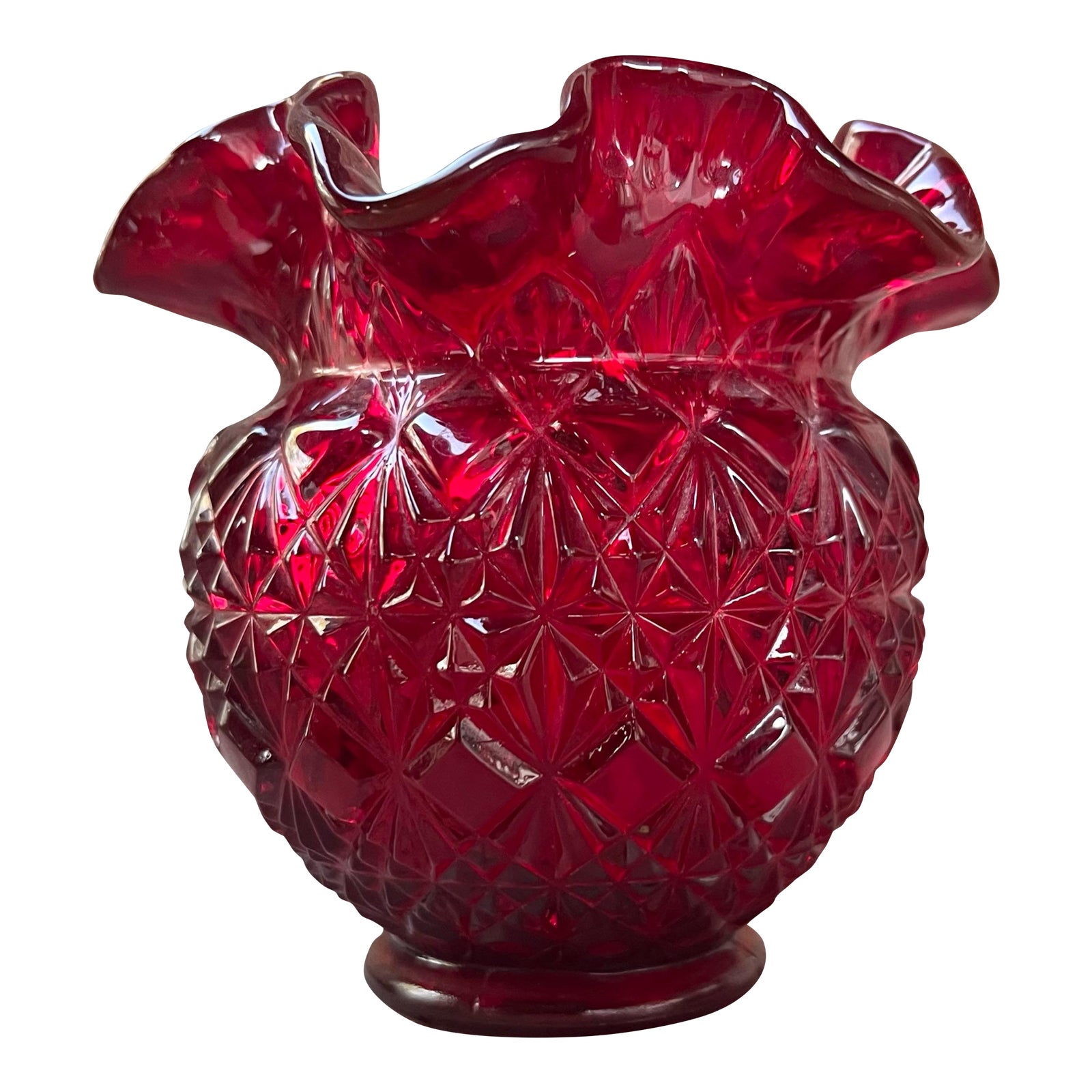Late 20th Century Fenton Ruby Red Diamond Star Pattern Ruffled Vase ...