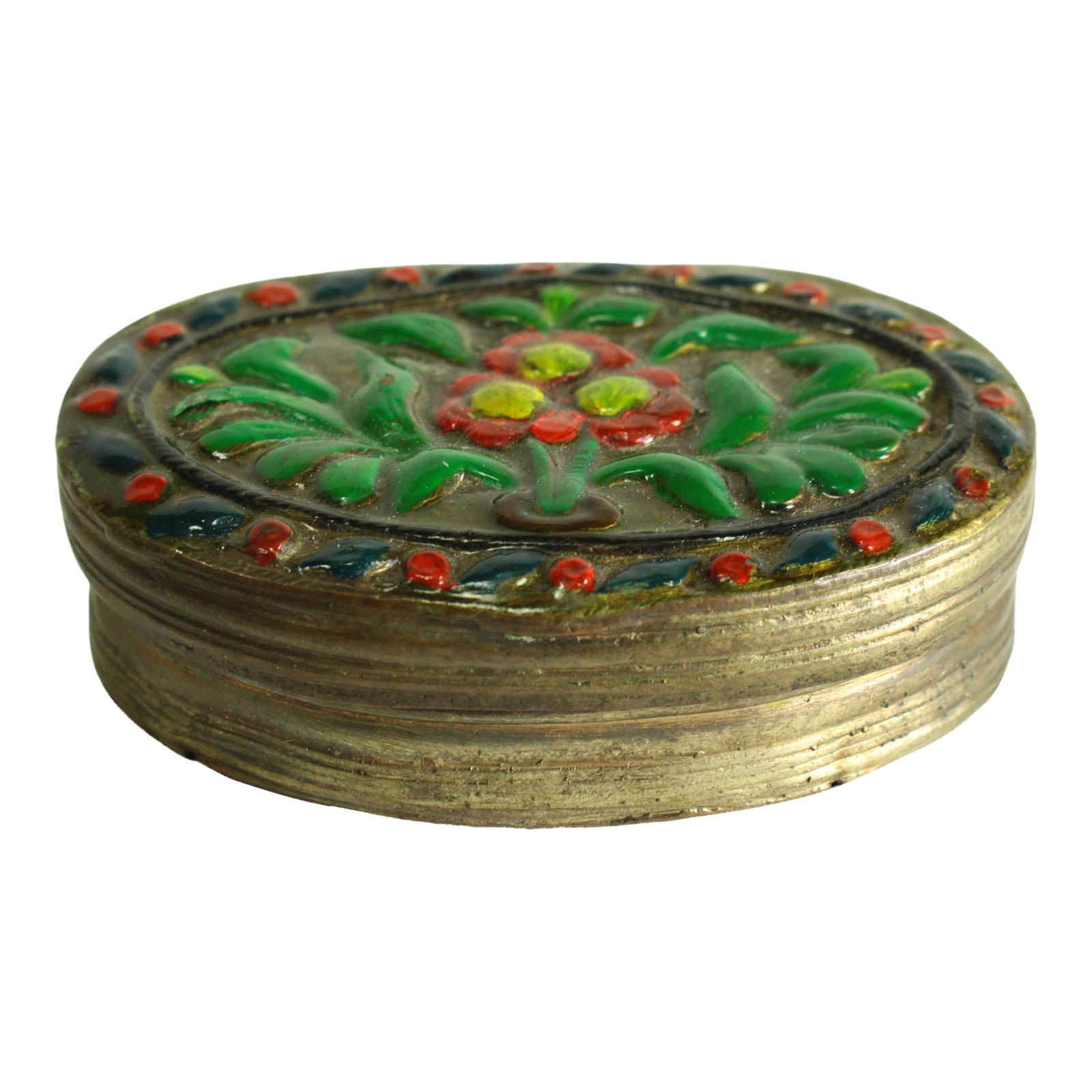 1800s Small Brass Box With Enameled Flowers | Chairish