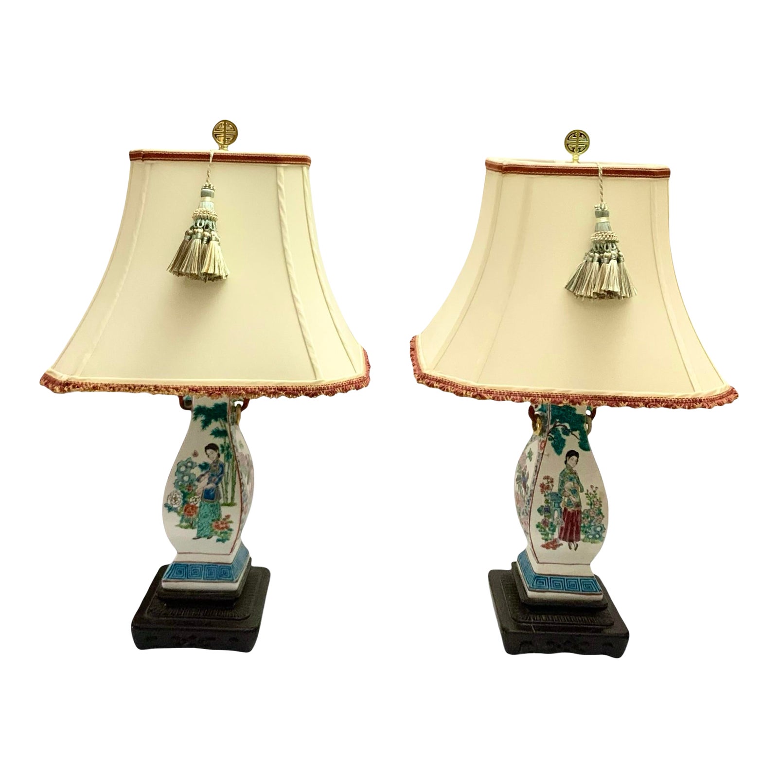 Late 20th Century Oriental Lamp Chinese Hand Painted on Wood Base ...