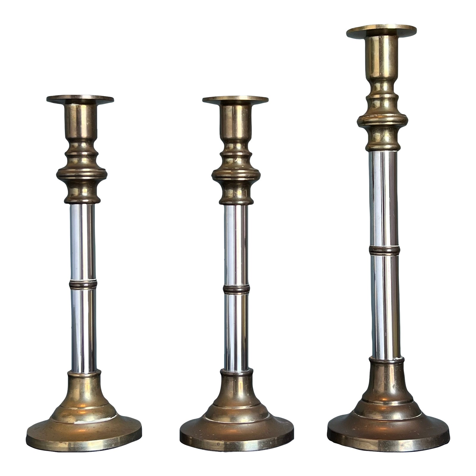 Late 20th Century Brass and Chrome Candlesticks- Set of 3 | Chairish