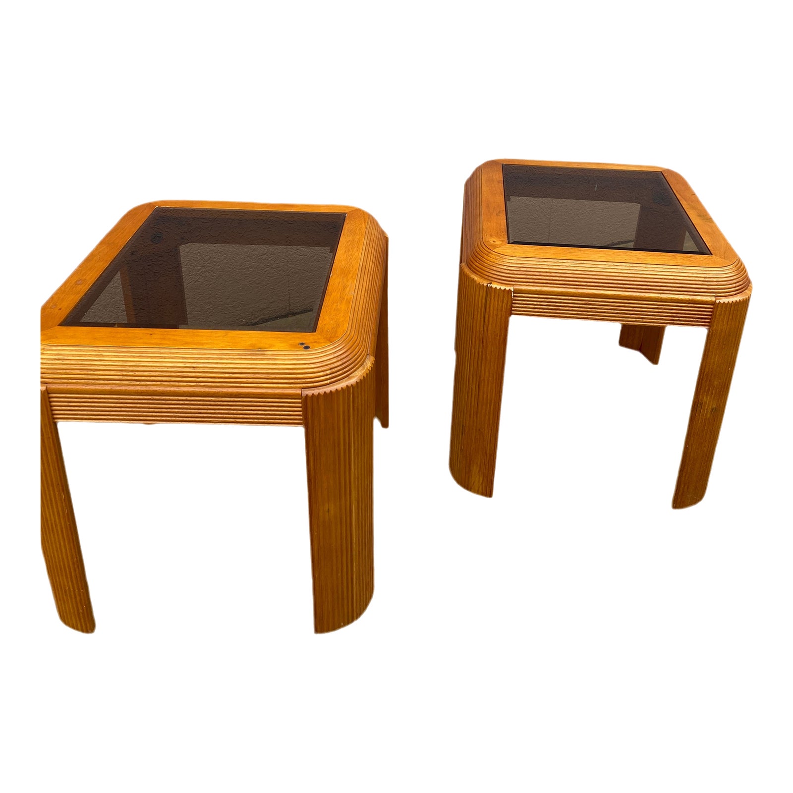 1960s Fick's Reed Style Waterfall Smoke Glass Inlay Side Tables - a ...