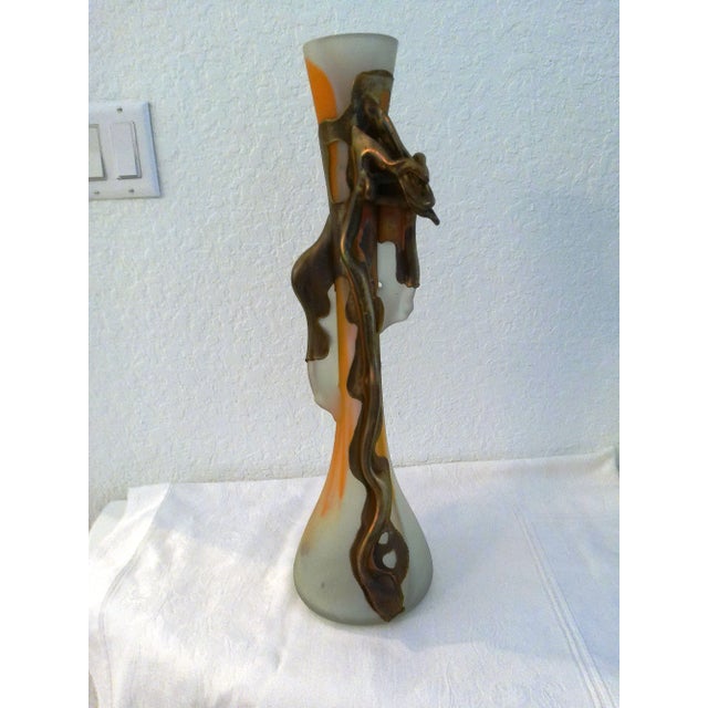 1980s Filip Ravert Romanian Satin Glass Vase With Bronze Overlay | Chairish