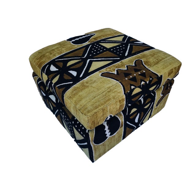 Custom Made Ottoman with Brown/Mustard/Black/White Mud Cloth | Chairish