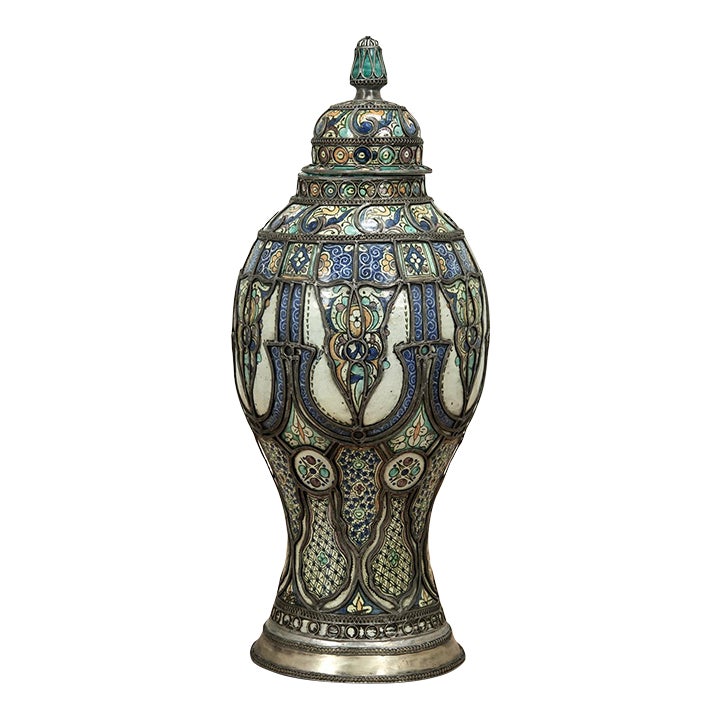 Large Vintage Moroccan Earthenware and Metal Urn | Chairish