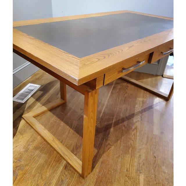 Contemporary Ash Wood and Faux Leather Desk With Three Drawers | Chairish