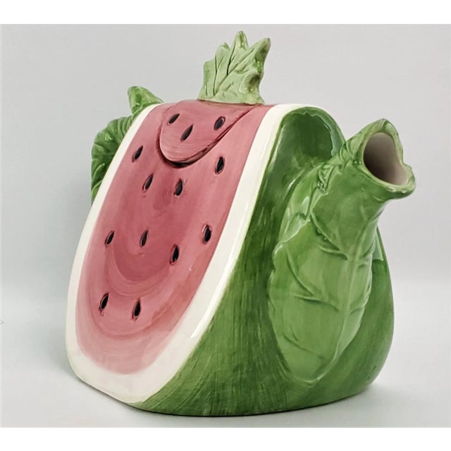 Vintage Porcelain Ceramic Watermelon Tea Pot With Green Leaf Handles ...